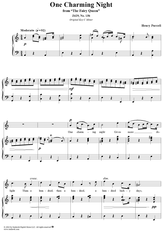 Fairy Queen, Opera, Act 2: "One charming night"" Sheet Music for Voice ...