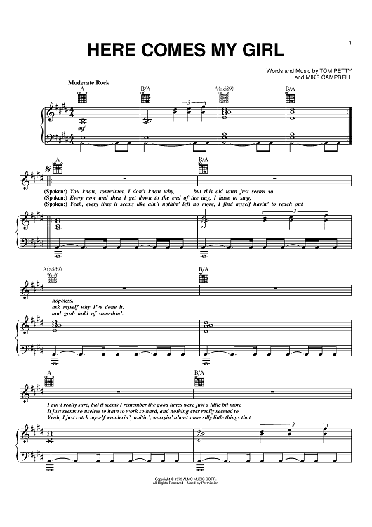 Here Comes My Girl" Sheet Music by Tom Petty for Piano/Vocal/Chords - Sheet Music Now