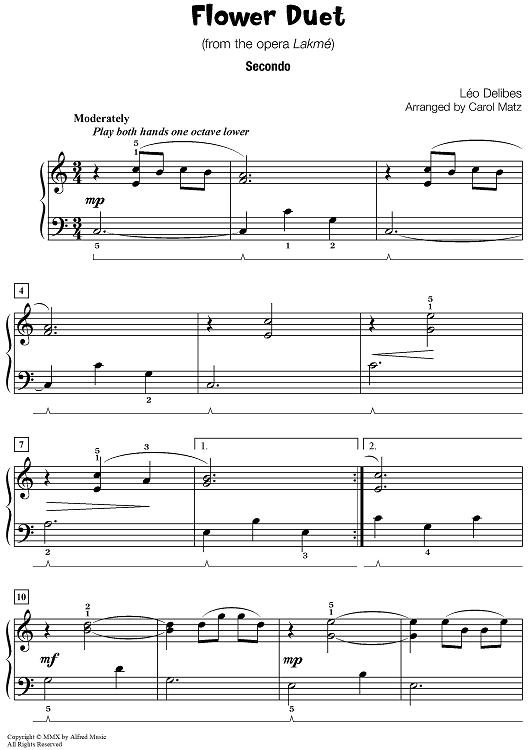 Flower Duet (from the opera Lakmé)" Sheet Music for 1 Piano, 4 Hands ...
