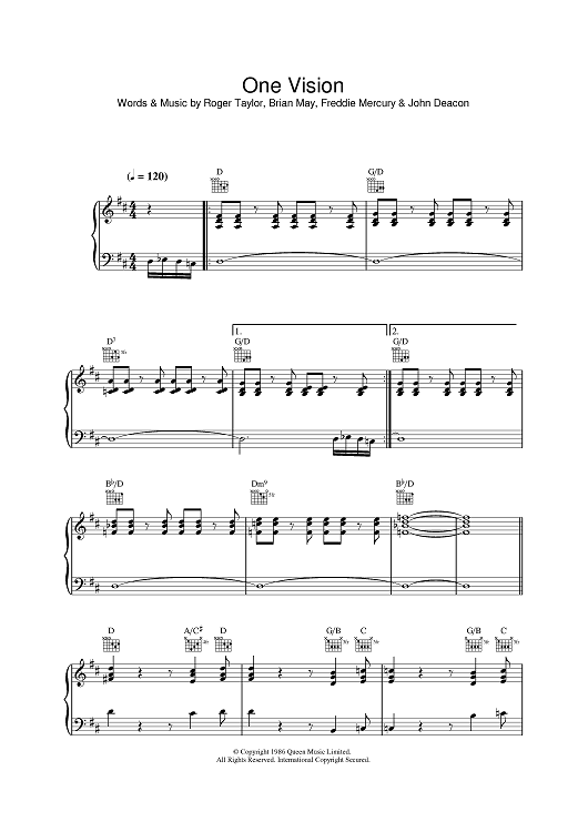 One Vision" Sheet Music by Queen for Piano/Vocal/Chords - Sheet Music Now