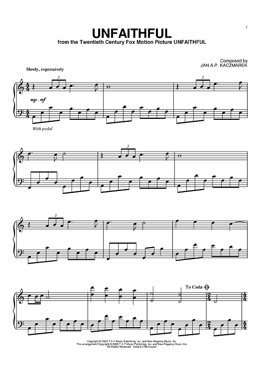 Unfaithful" Sheet Music by Jan A.P. Kaczmarek for Piano - Sheet Music Now