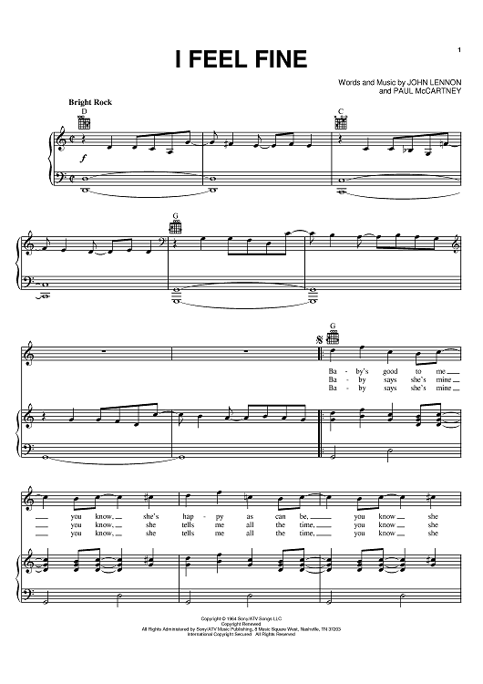 I Feel Fine" Sheet Music by The Beatles for Piano/Vocal/Chords - Sheet ...