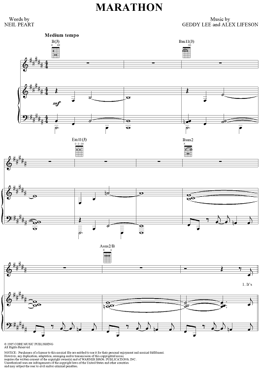 Marathon" Sheet Music by Rush for Piano/Vocal/Chords - Sheet Music Now