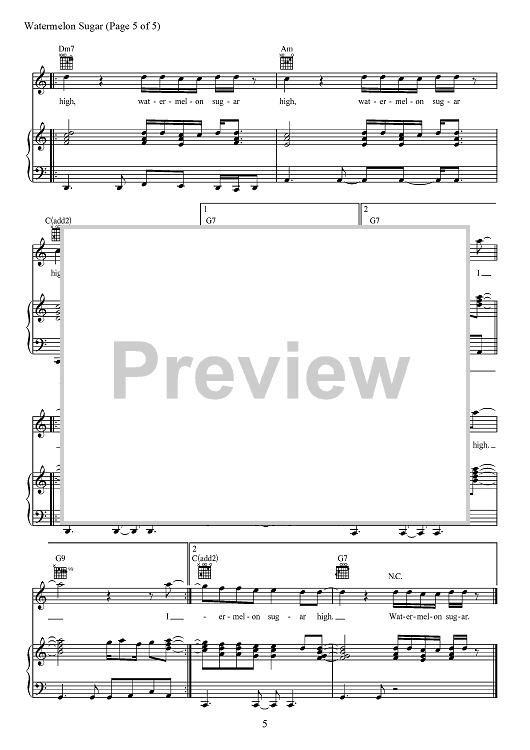 Watermelon Sugar" Sheet Music by Harry Styles for Piano/Vocal/Chords ...