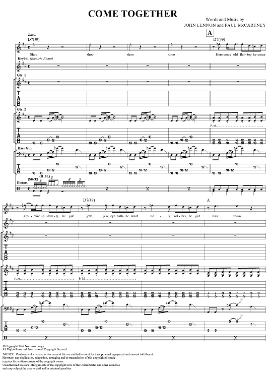 Come Together" Sheet Music by The Beatles for Guitar Tab/Vocal/Chords ...