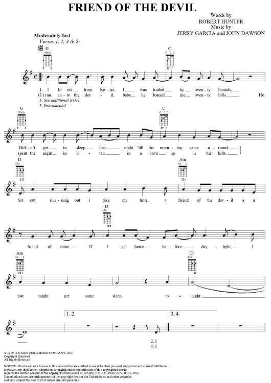Friend of the Devil" Sheet Music by Grateful Dead for Easy Guitar/Vocal ...