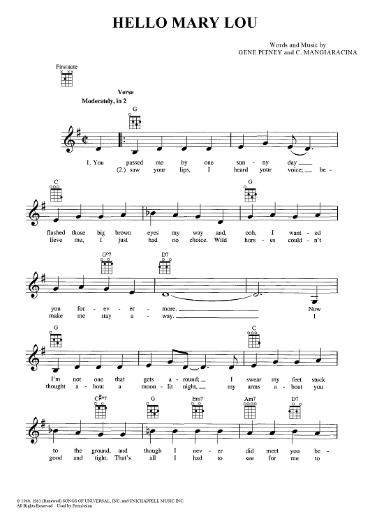 Hello Mary Lou" Sheet Music by Ricky Nelson for Ukulele/Vocal - Sheet ...
