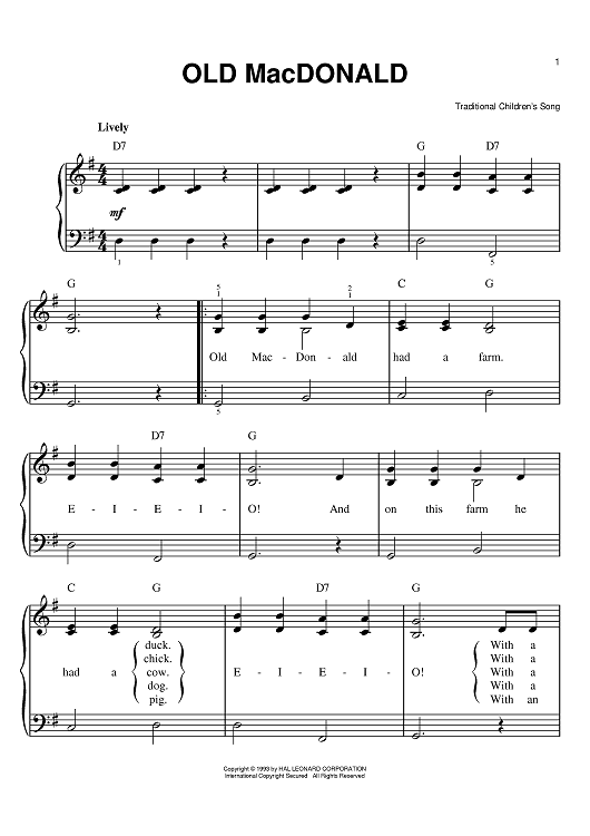Old MacDonald" Sheet Music for Easy Piano - Sheet Music Now