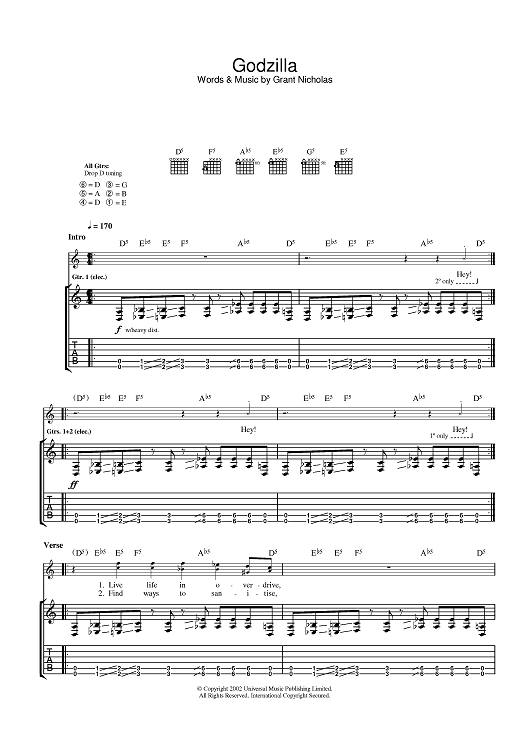 Godzilla" Sheet Music by Feeder for Guitar Tab - Sheet Music Now