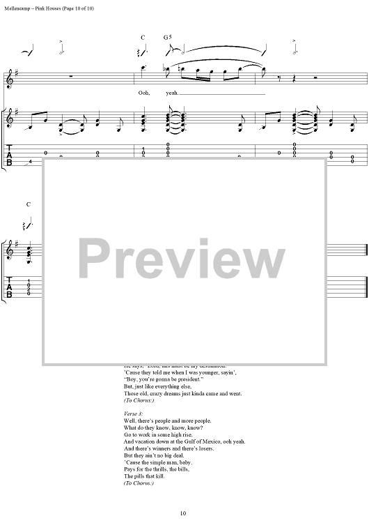 Pink Houses" Sheet Music by John Cougar Mellencamp for Guitar Tab/Vocal ...