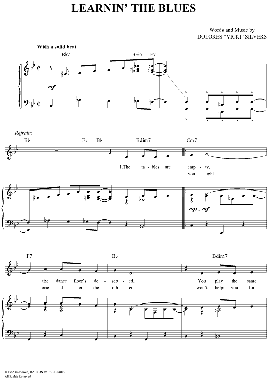 Learnin' the Blues" Sheet Music by Frank Sinatra for Piano/Vocal/Chords ...