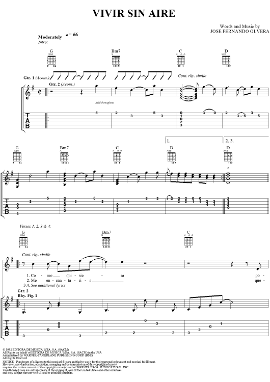 Vivir Sin Aire" Sheet Music by Maná for Guitar Tab/Vocal - Sheet Music Now