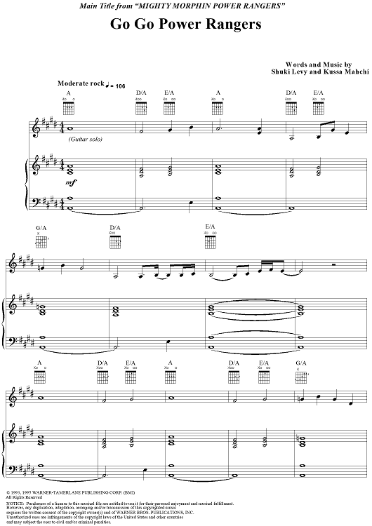 Go Go Power Rangers" Sheet Music for Piano/Vocal/Chords - Sheet Music Now