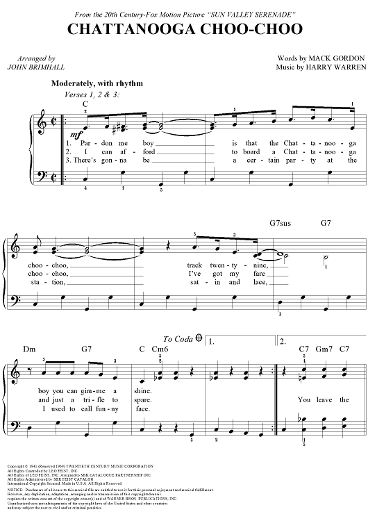 Chattanooga Choo-Choo" Sheet Music for Easy Piano/Vocal - Sheet Music Now