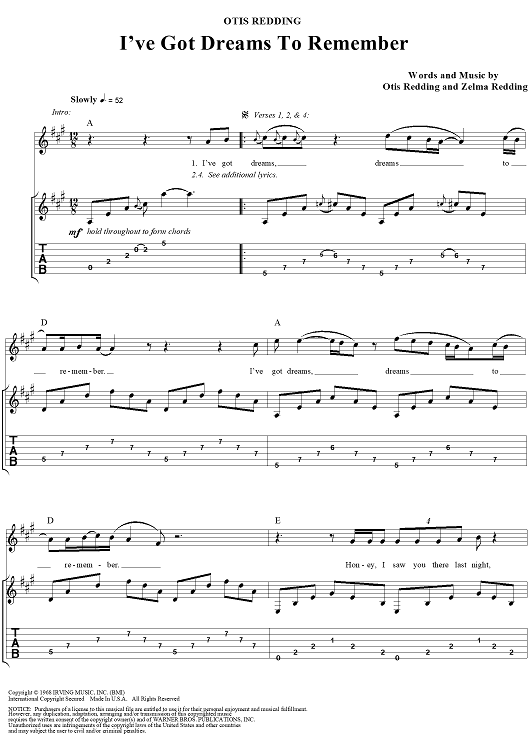 I've Got Dreams To Remember" Sheet Music by Otis Redding for Guitar Tab/Vocal - Sheet Music Now