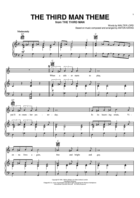 The Third Man Theme" Sheet Music by Chet Atkins; Guy Lombardo; The Band ...