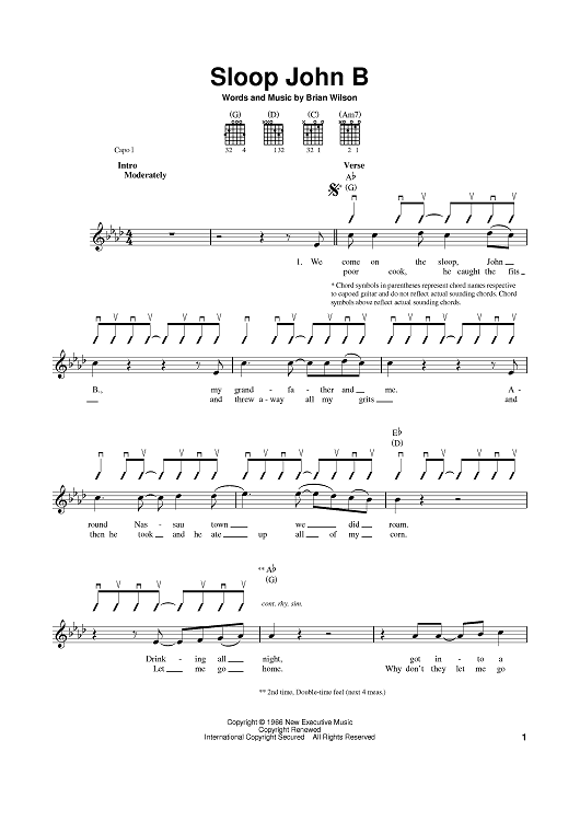 Sloop John B" Sheet Music by The Beach Boys for Lead Sheet with Guitar Grids - Sheet Music Now