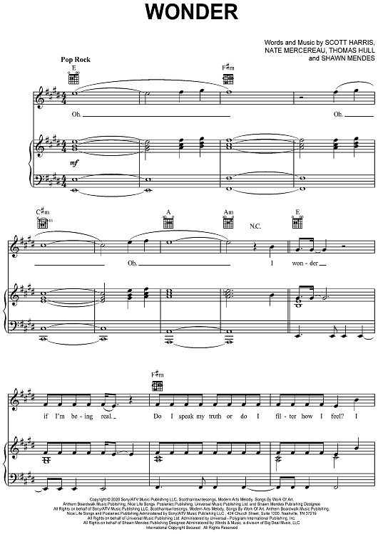 Wonder" Sheet Music by Shawn Mendes for Piano/Vocal/Chords - Sheet ...
