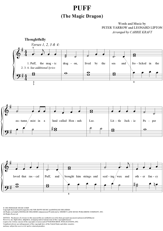 Puff (The Magic Dragon)" Sheet Music by Peter, Paul and Mary for Easy ...