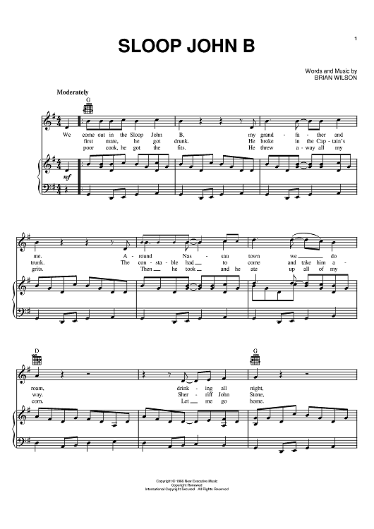 Sloop John B" Sheet Music by The Beach Boys for Piano/Vocal/Chords - Sheet Music Now