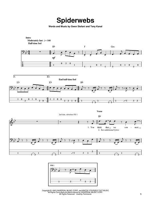 Spiderwebs" Sheet Music by No Doubt for Bass Tab - Sheet Music Now