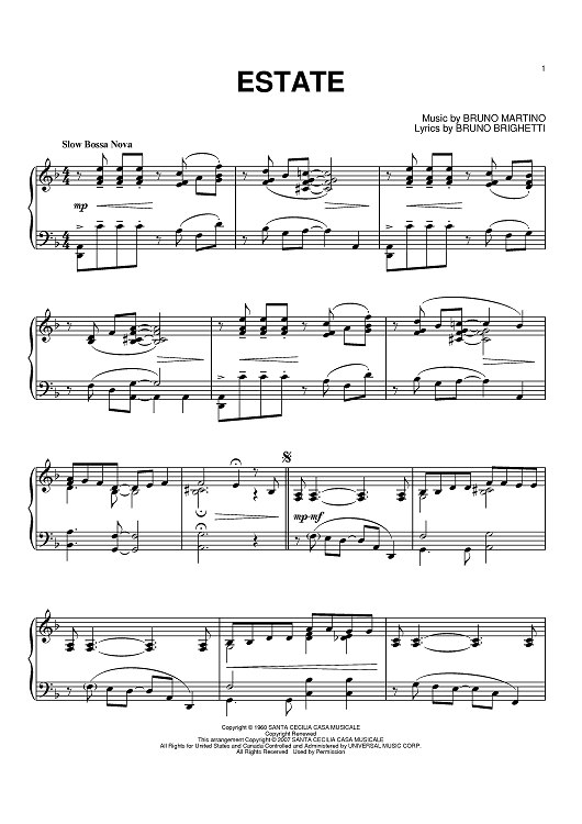 Estate" Sheet Music by Joao Gilberto; John Pizzarelli for Piano - Sheet Music Now