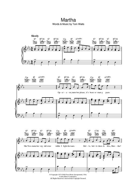 Martha" Sheet Music by Tom Waits for Piano/Vocal/Chords - Sheet Music Now