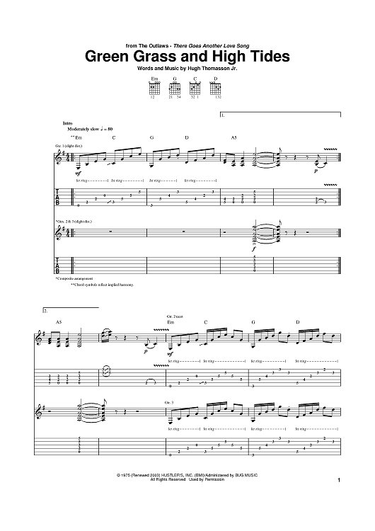 Green Grass And High Tides" Sheet Music by The Outlaws for Guitar Tab - Sheet Music Now