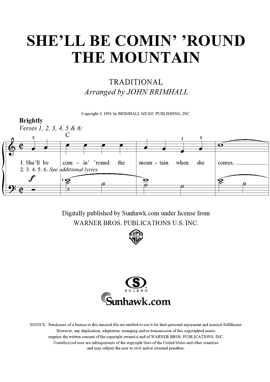 She'll Be Comin' 'Round the Mountain" Sheet Music for Easy Piano/Vocal ...