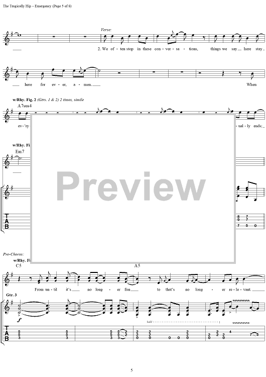 Emergency" Sheet Music by The Tragically Hip for Guitar Tab/Vocal ...