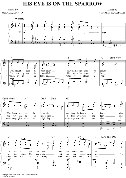 His Eye Is On The Sparrow" Sheet Music for Easy Piano/Vocal/Chords - Sheet Music Now