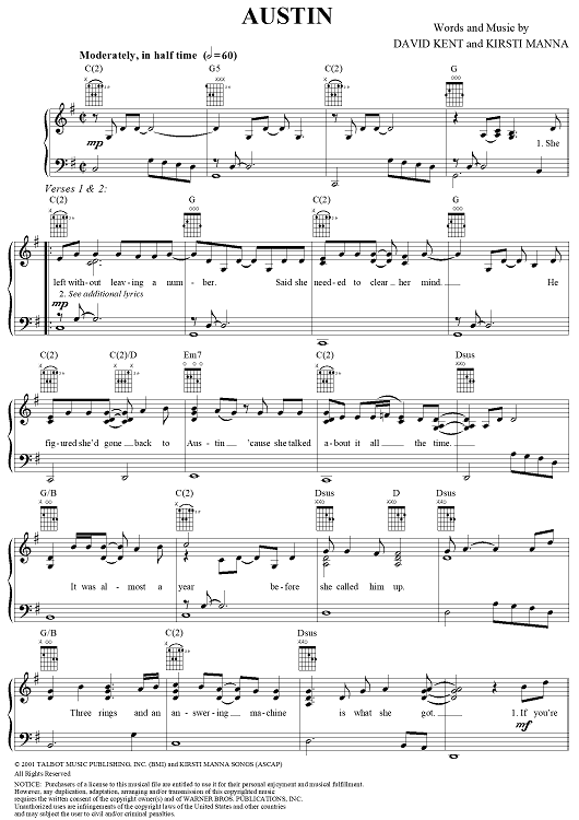 Austin" Sheet Music by Blake Shelton for Piano/Vocal/Chords - Sheet ...