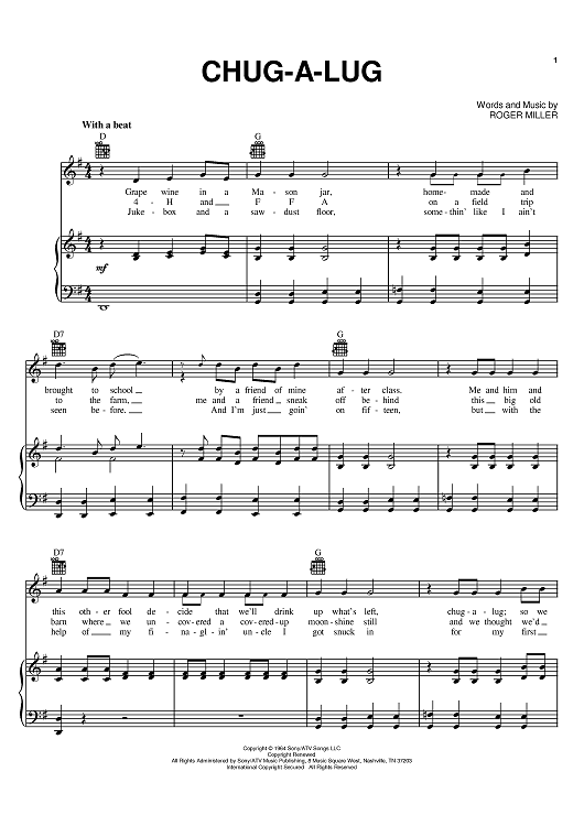 Chug-A-Lug" Sheet Music by Roger Miller for Piano/Vocal/Chords - Sheet Music Now