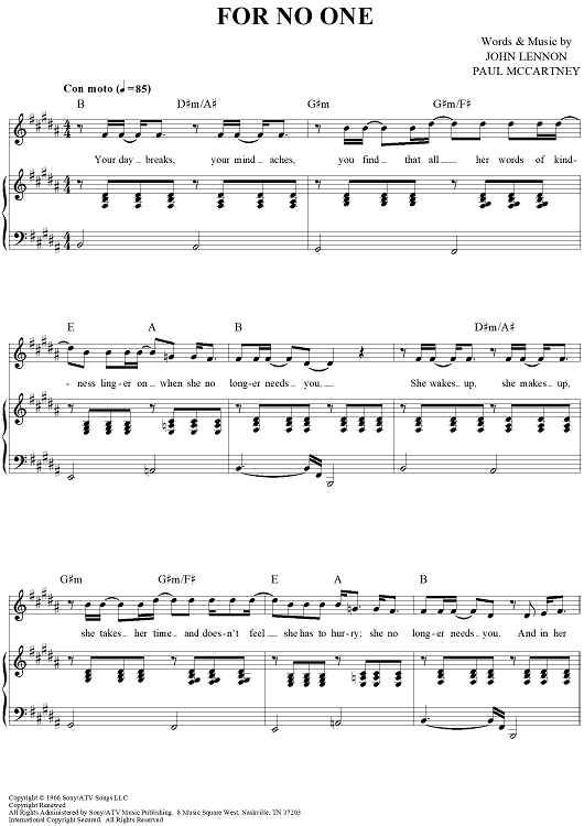 For No One" Sheet Music by The Beatles for Piano/Vocal/Chords - Sheet ...