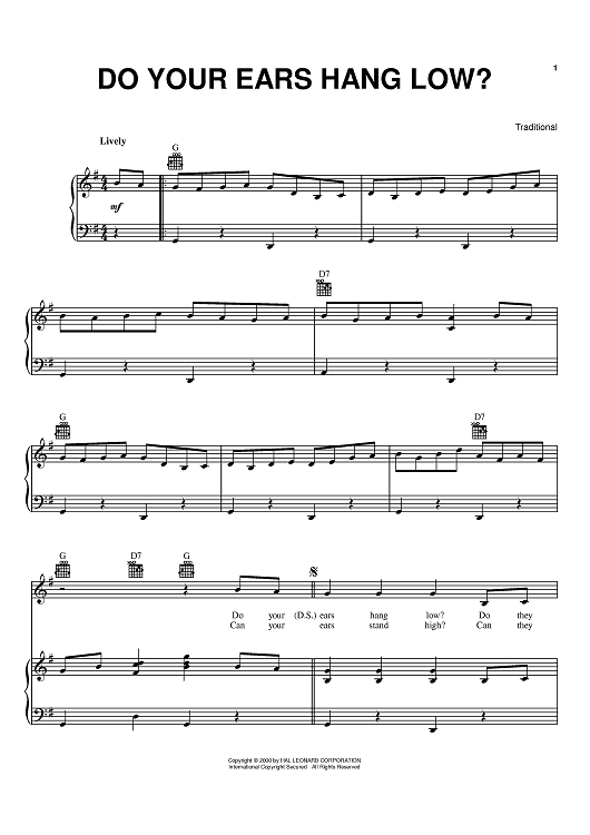 Do Your Ears Hang Low?" Sheet Music for Piano/Vocal/Chords - Sheet ...