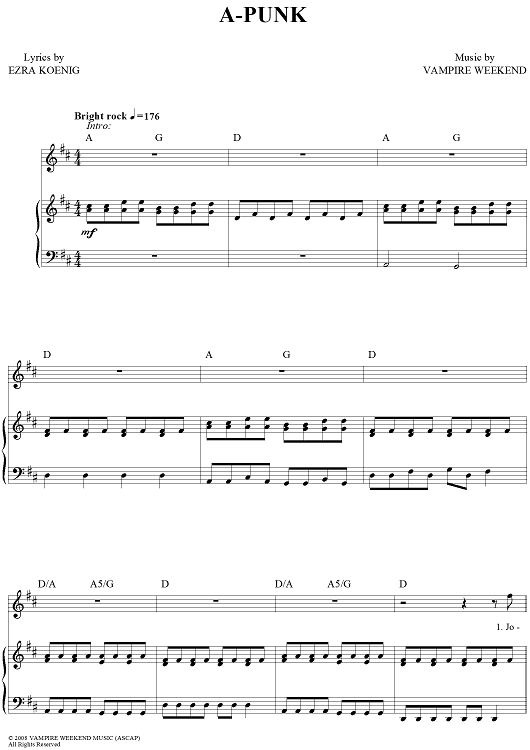 A-Punk" Sheet Music for Piano/Vocal/Chords - Sheet Music Now