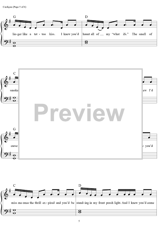Cardigan" Sheet Music by Taylor Swift for Easy Piano/Vocal/Chords ...