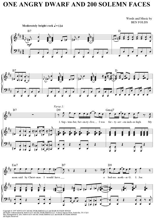 One Angry Dwarf and 200 Solemn Faces" Sheet Music by Ben Folds for ...