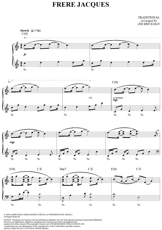 Frere Jacques" Sheet Music by Jim Brickman for Easy Piano - Sheet Music Now