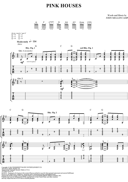 Pink Houses" Sheet Music by John Cougar Mellencamp for Guitar Tab/Vocal ...