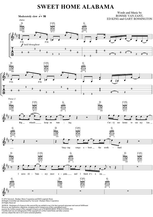 Sweet Home Alabama" Sheet Music by Lynyrd Skynyrd for Easy Guitar Tab/Vocal - Sheet Music Now