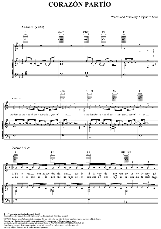 Corazón Partío" Sheet Music by Julio Iglesias for Piano/Vocal/Chords ...