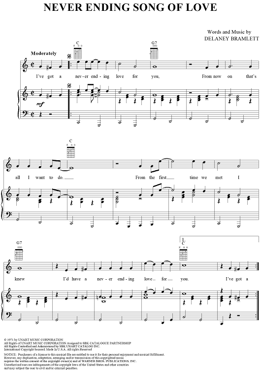 Never Ending Song of Love" Sheet Music by Delaney & Bonnie & Friends for Piano/Vocal/Chords ...