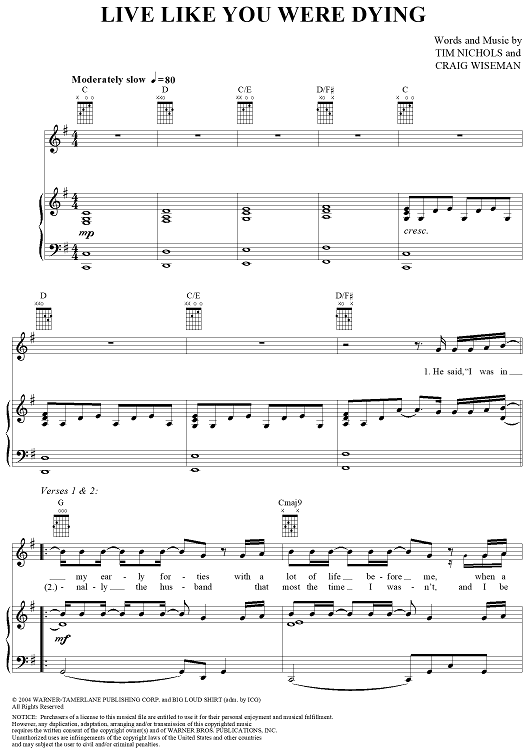 Live Like You Were Dying" Sheet Music by Tim McGraw for Piano/Vocal ...