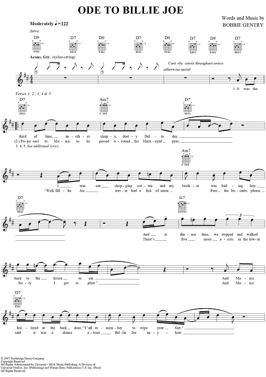 Ode to Billie Joe" Sheet Music by Bobbie Gentry for Guitar Tab/Vocal ...