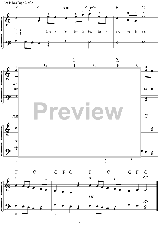 Let It Be" Sheet Music by The Beatles for Big Note Piano - Sheet Music Now