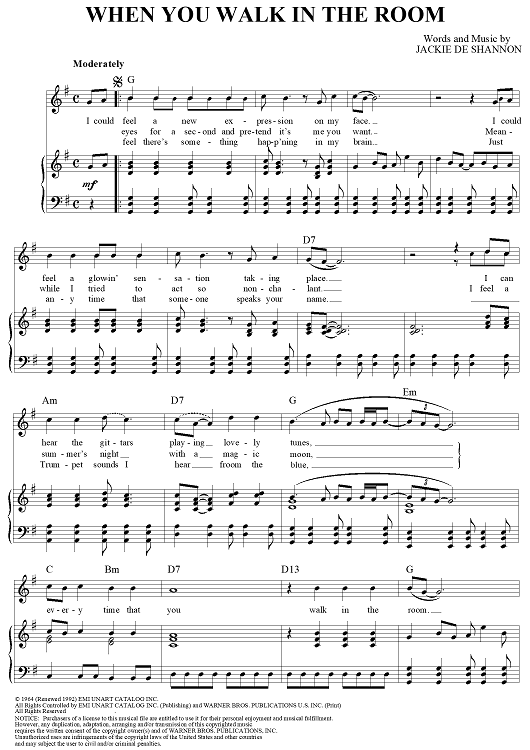 When You Walk in the Room" Sheet Music by The Searchers for Piano/Vocal ...