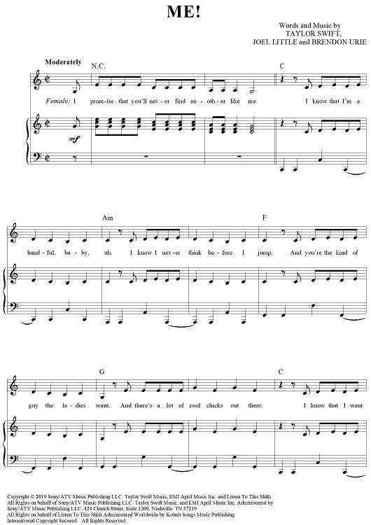 Me!" Sheet Music by Brendon Urie; Taylor Swift for Piano/Vocal/Chords ...