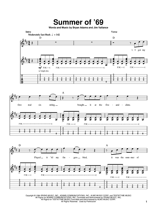 Summer Of '69" Sheet Music by Bryan Adams for Guitar Tab - Sheet Music Now