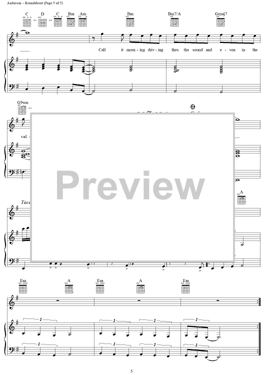 Roundabout" Sheet Music by Yes for Piano/Vocal/Chords - Sheet Music Now
